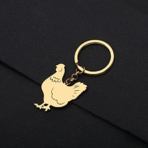 LONYOO Novelty Rooster Hen Chicken Keychain Stainless Steel Chicken Keyring Gifts for Girls Women Purse Car Key Charms (Gold Plated)