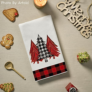 Artoid Mode Red Buffalo Plaid Xmas Trees Joy Christmas Kitchen Towels Dish Towels, 18x26 Inch Daily Winter Decoration Hand Towels Set of 2