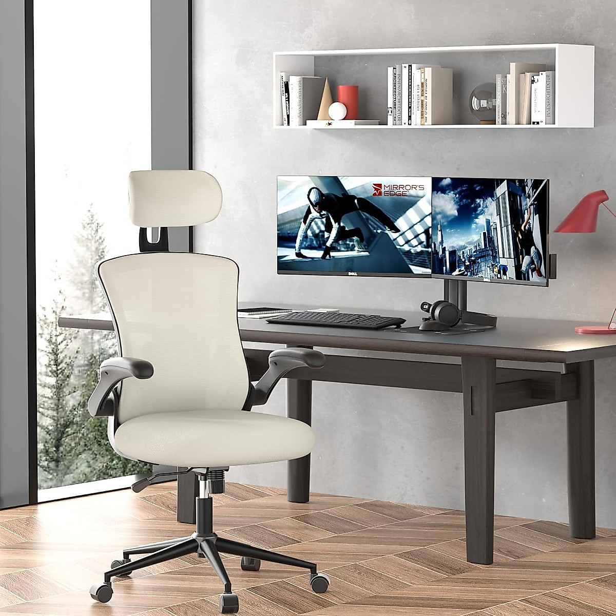 Ergonomic Office Chair, Mesh Desk Office Chair with Adjustable Headrest & Lumbar Support, High Back Task Computer Chair with Flip-up Armrests, Executive Chair for Home Office (Grey)