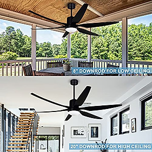 Ohniyou 66''Ceiling Fan with Lights Remote Control, Large Ceiling Fan Black, 6 Blades 6 Speeds Ceiling Fan Light for Outdoor Indoor Patio Living Room Porch Office Garage Shop Factory Warehouse
