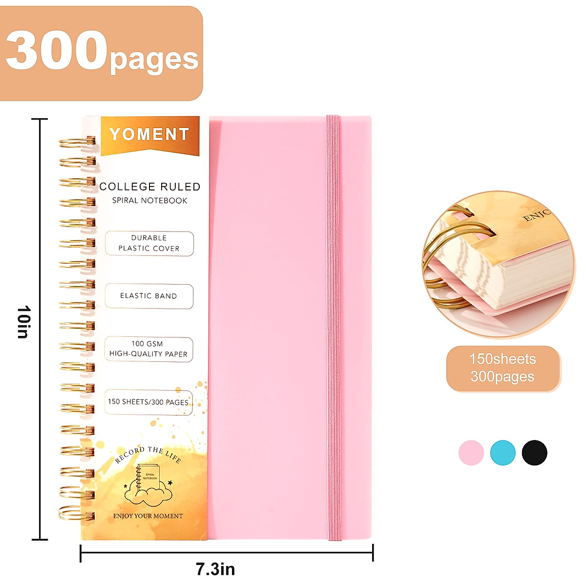 Yoment Spiral Notebook Journal 300 Pages Large Spiral Notebook B5 (7.3"x10") College Ruled Journals for Women Men Thick Spiral Bound Journal for Writing Work School, Pink