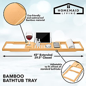 Homemaid Living Luxury Bamboo Bath Tray for Bathtub - Expandable Bathroom Tray with Reading Rack or Tablet Holder, Bath Tray with Wine Glass Holder, Bathroom Caddy, Fits All Bathtubs (Natural Bamboo)