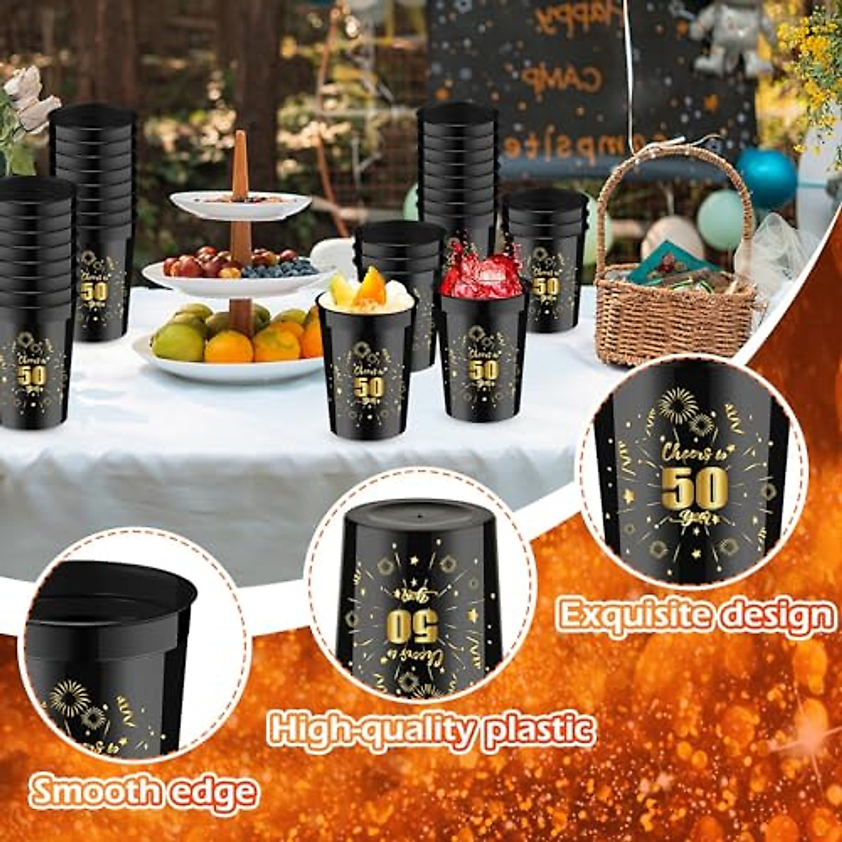 Mototo 30 Pieces 50th Small Birthday Cups 8 oz Cheer to 50 Years Plastic Cups Plastic Birthday Stadium Cups Black and Gold Plastic Cups for Birthday Party Favors Anniversary Wedding Party Supplies