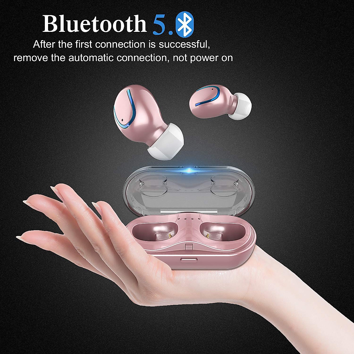 Mini Wireless Earbuds, Bluetooth Earphones in Ear with Wireless Charging Case, IPX7 Waterproof Wireless Mini TWS Mic Hi-Fi Stereo Sport Headphones for iPhone/Samsung/Android(Rose Gold)