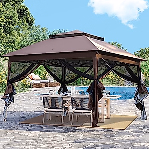 10'x10' Pop Up Gazebo Outdoor Canopy Tent Patio Gazebo Canopy Heavy Duty Party Tent with Mosquito Netting for Backyard Garden Patio and Lawn, Brown