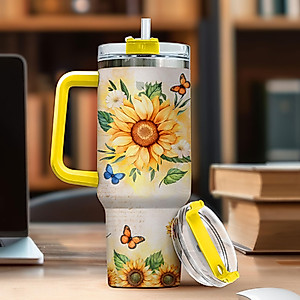 99OWL Yellow Women Flower Tumblers For Coffee Cups Floral Handle Butterfly, Tumbler 40 Oz With Handle Lid And Straw, Sunflower Inspirational, Sunflower Gifts