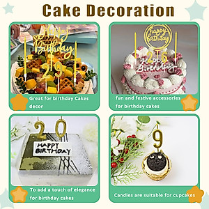 Chanseen 25Pcs Gold Birthday Candles Topper Crown Set - Number Candles 0 1 2 3 4 5 6 7 8 9, 12Pcs Long Thin Metallic Candles, 2Pcs Cake Toppers and Birthday Paper Crown Hat for Cake Decorations Party