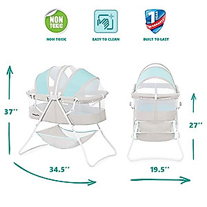 Karley Bassinet in Blue & Grey, Lightweight Portable Baby Bassinet, Quick Fold and Easy to Carry , Adjustable Double Canopy, Indoor and Outdoor Bassinet with Large Storage Basket.