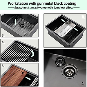 EcoChannels Undermount Kitchen Sink, 24 x 19 Inch Sink Kitchen 16 Gauge Stainless Steel Kitchen Sinks Gunmetal Black Single Bowl Workstation Sink with Cutting Board