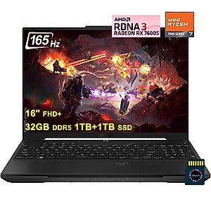 Asus TUF Gaming A16 Laptop | 16" FHD+ 165Hz 7ms | AMD 8-core Ryzen 7 7735HS| 32GB DDR5 1TB+1TB SSD | Radeon RX7600S 8GB Graphic (>RTX 4060) | Backlit USB-C USB4 Fast Charging Win11 +HDMI Cable