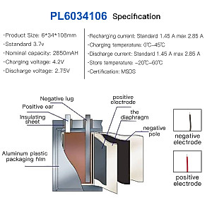 YTKavq 3.7v 2850mAh 6034106 Lithium Polymer Ion Battery Rechargeable Lipo Battery with PH 2.0mm Pitch Connector