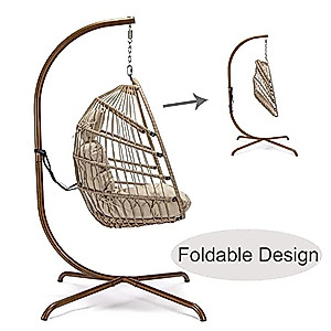 OUTPLATIO Swing Egg Chair with Stand Golden Indoor Outdoor 350lbs Capacity Hanging Rattan Hammock Chair with UV Resistant Cushion Collapsible Foldable Basket for Bedroom Balcony Patio Garden (Beige)