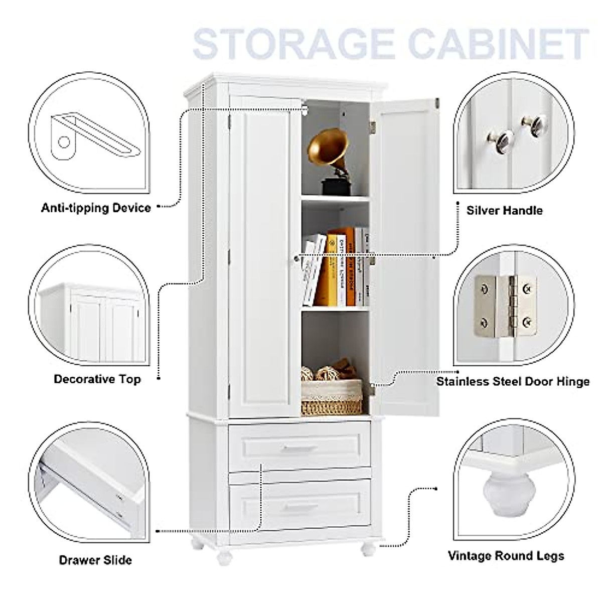 Tall Storage Cabinet with 2 Drawers and Double Door for Bathroom/Office, White Freestanding Kitchen Pantry Cabinet, Bathroom Cupboard w/Adjustable Shelf, Floor Cabinet Bookcase with Door (White-ty1)