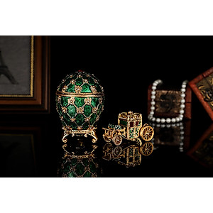 QIFU Vintage Green Faberge Egg Style Jewelry Trinket Box with Mini Royal Carriage, Unique Gift for Easter Collection