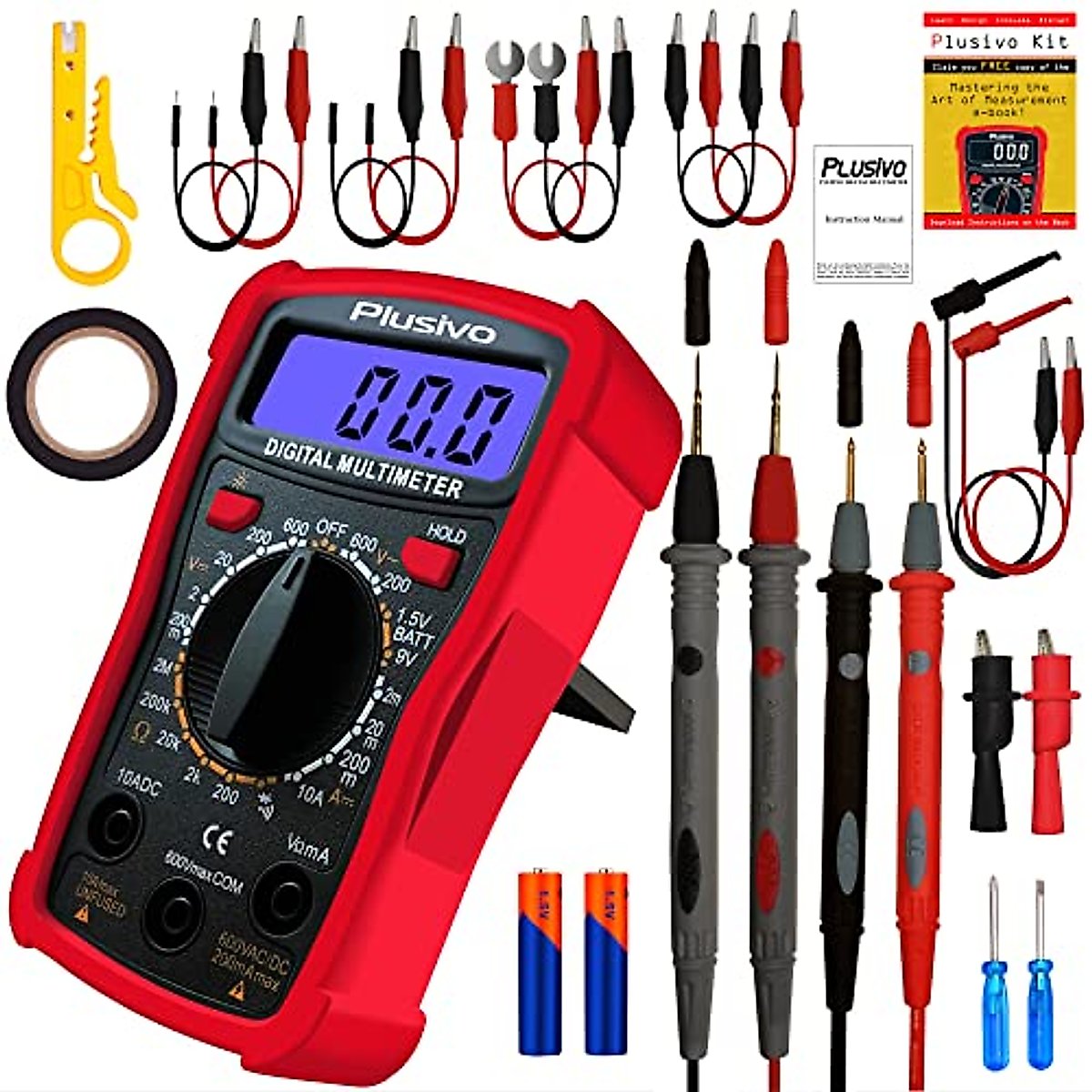 Digital Multimeter 2000 Counts Voltmeter Measures AC DC Voltage, Resistance, Current, Continuity, Diode Multi Tester with Probes, Test Clips, Dupont Wires, Crocodile Clips, Wire Stripper from Plusivo