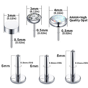 VOJO Tragus Labret Threadless Push in Cartilage Nose Studs G23 Titanium 20G Medusa Piercing Jewelry, Flat Backed Earrings for Helix (20G 6/6/8mm, White Opal)