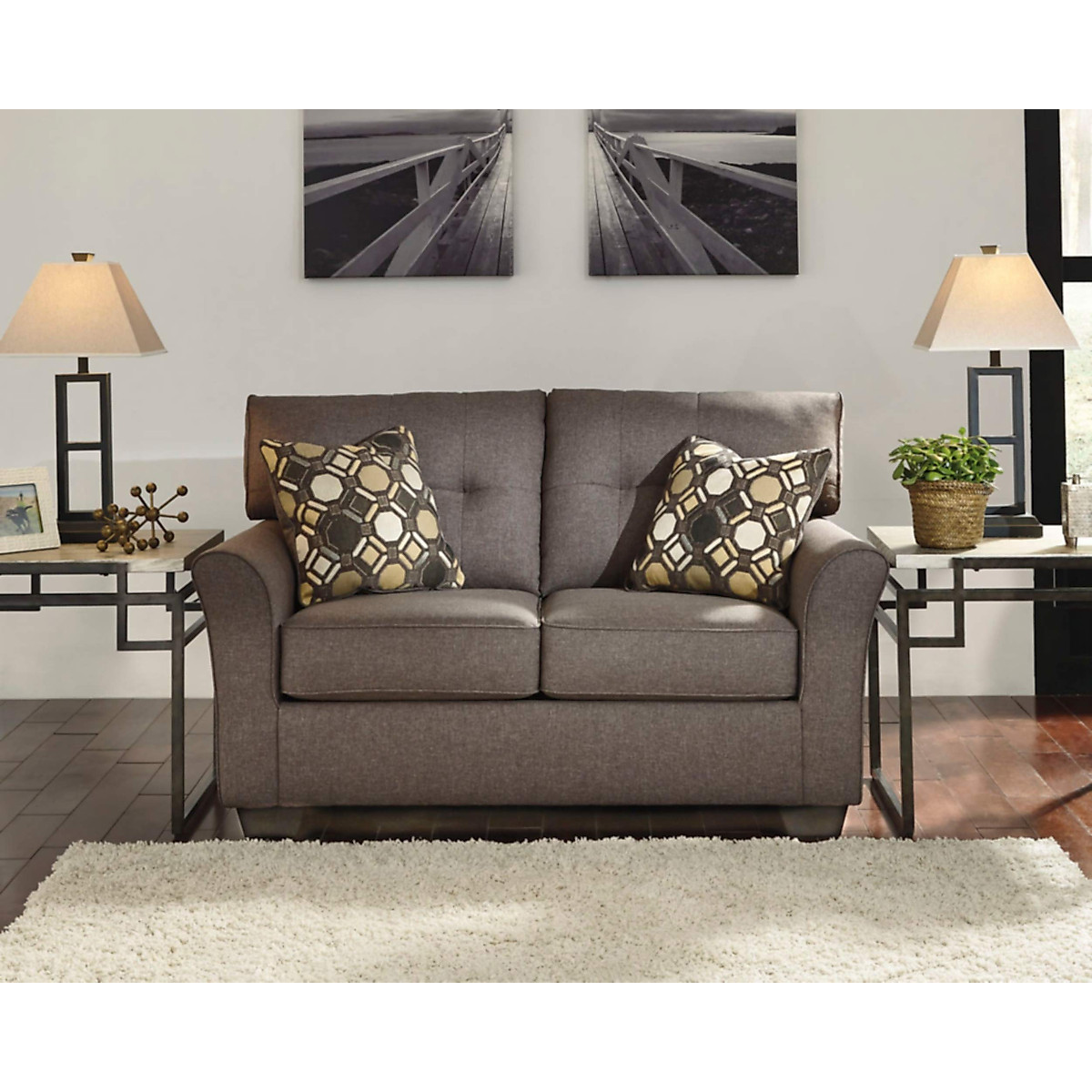 Signature Design by Ashley Tibbee Tufted Modern Loveseat with 2 Accent Pillows, Dark Taupe