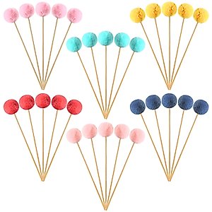 Sintuff 30 Pcs Colorful Pompom Cake Toppers Mini Pompom Cupcake Toppers Pompom Cake Picks Party Cake Decorations for Birthday Baby Shower Wedding Anniversary Supplies