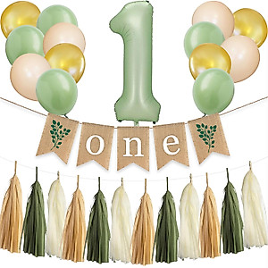 Greenery 1st Birthday Supplies Olive Green One Eucalyptus Leaves Burlap Bunting Banner Sage Green Balloon Tassel Nature Theme Party Decor