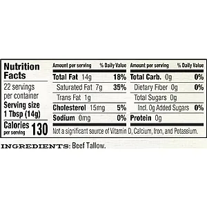 EPIC Beef Tallow, Grass-Fed, Keto Friendly, Whole30, 11oz Jar