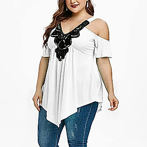 Sdeycui Womens Plus Size Tiered Lace Appliques Cold Shoulder V-Neck Short Sleeve T-Shirt Blouse Shirt(White, XXXL)