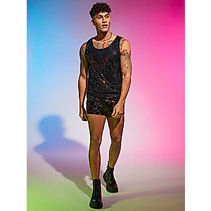 WDIRARA Men's Sequin Sleeveless Round Neck Tank Top T Shirt Party Top Black Sequins M