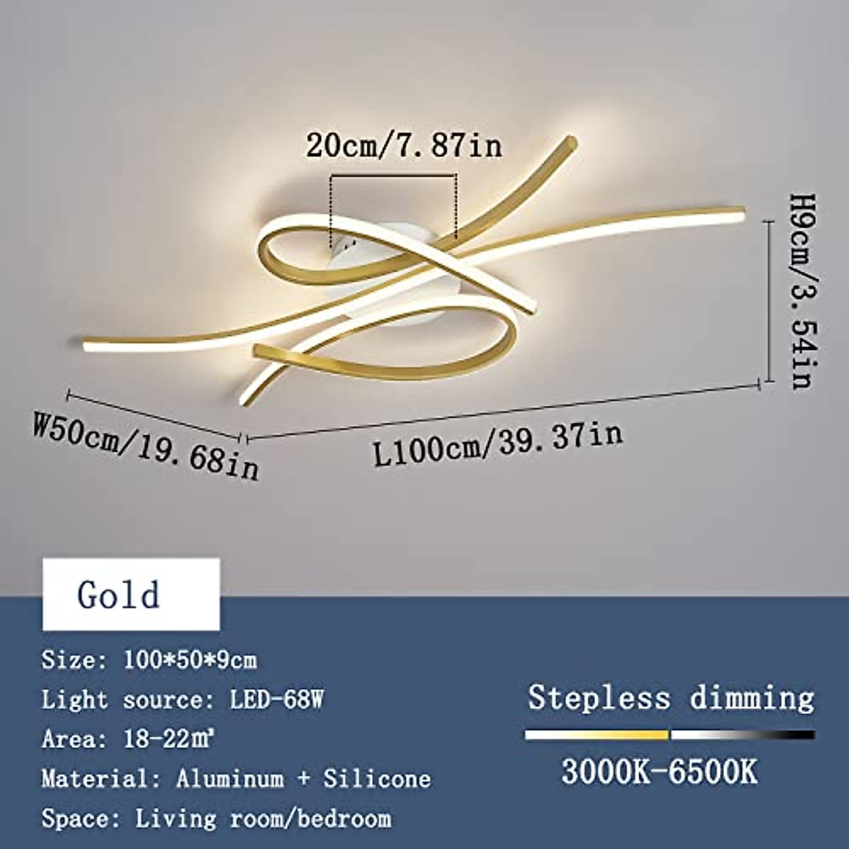 MayNuo Led Ceiling Light Gold Dimmable Living Room Lamp Chic Fashion Design Dining Table Lamps Modern Ceiling Lamp with Remote Control for Bedroom, Kitchen, Dining Room, 68Watt, L100Cm (Gold)