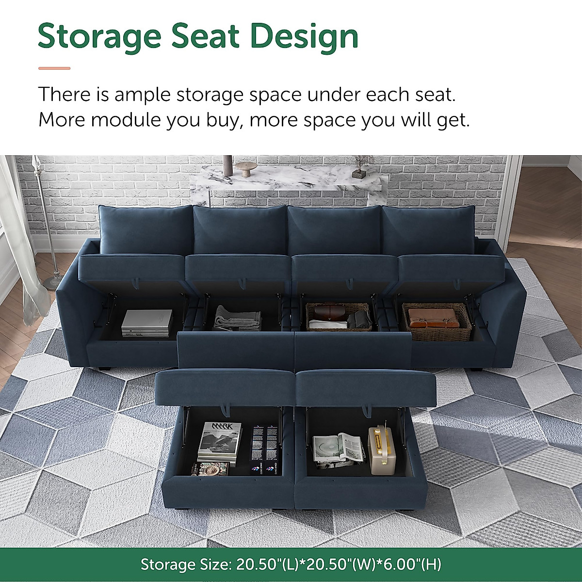 HONBAY Convertible Sectional Sofa Velvet U Shaped Couch with Reversible Chaise Modular Sectional Couch 6 Seater Sofa with Storage Seat, Dark Blue