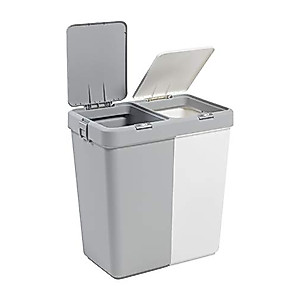 Mabel Home Plastic Laundry Hamper with Lid, 2 sections, Large Laundry Basket – Extra Trash Bin (1,6 Gallons) inc. & 3 Colour (White-Grey)