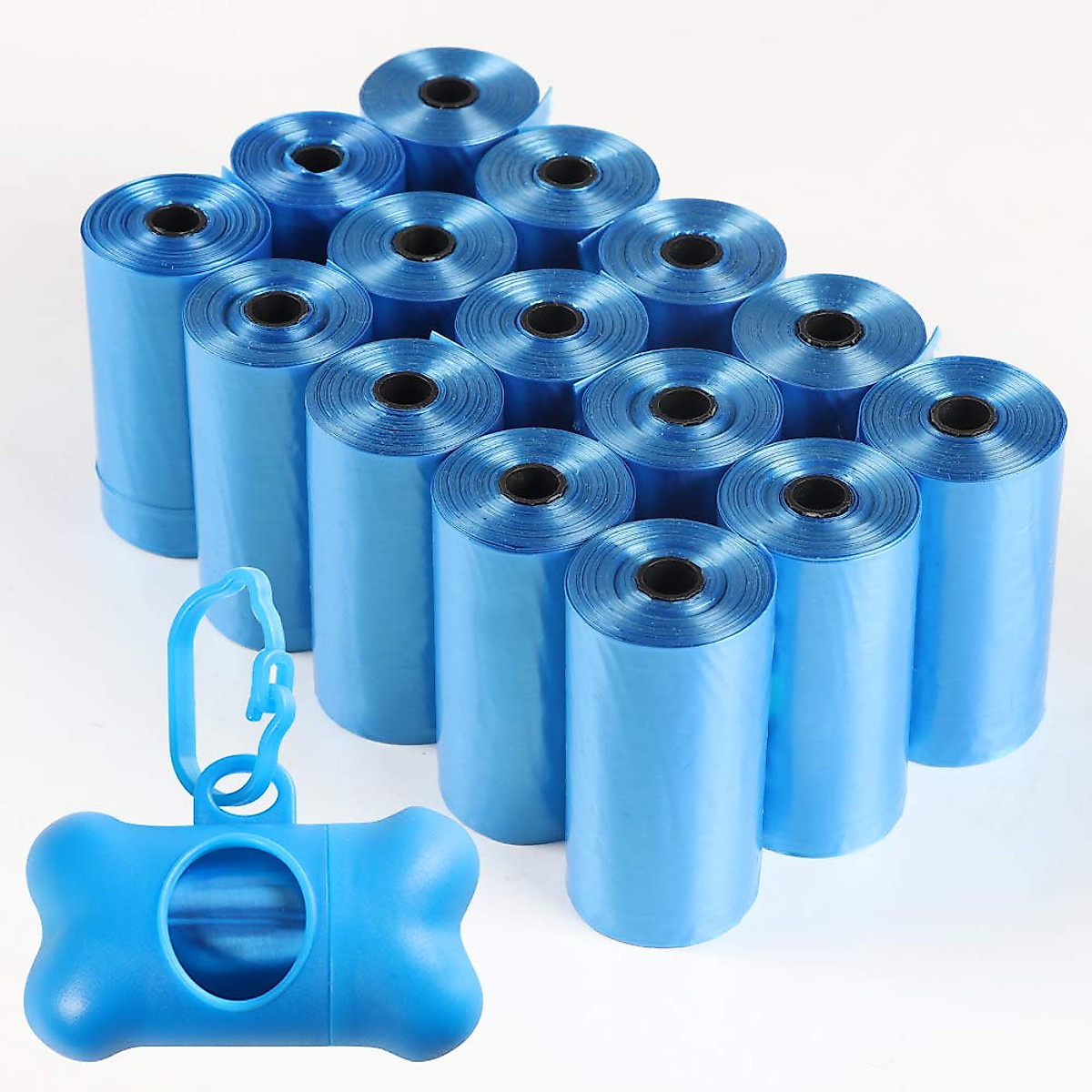 Augie's Doggies Pets Poop Bags with Free Bone-Shaped Dispenser and Leash Clip, Eco-friendly, Leak-Proof Compostable Dog Waste Bag, Bulk Pack of 16 Rolls/20 bags per roll/ 320 bags (Blue)