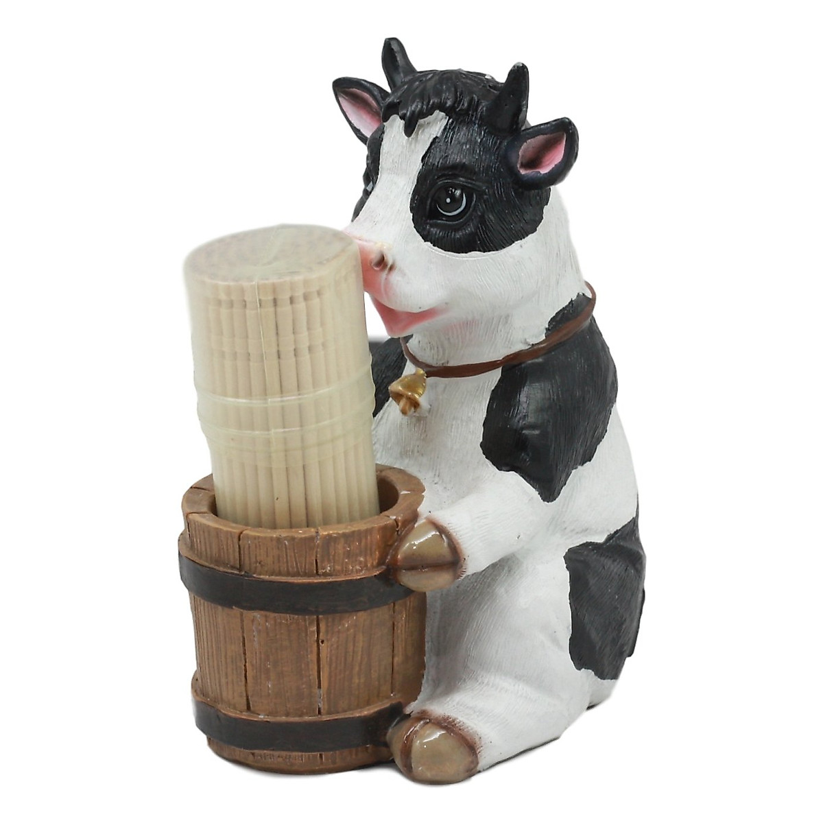 Ebros Country Farm Bovine Cow With Bell Collar Holding A Wooden Barrel Decorative Toothpick Holder Statue With Toothpicks 4"Tall Starter Kit Cattle Animal Figurine Collectible Kitchen Decor