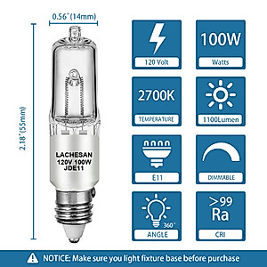 Lachesan JDE11 120v 100w, E11 Halogen Bulb（Replacement E11 Led Bulb） T4 Mini Candelabra Base, 2700K Warm White Dimmable for Chandeliers, Ceiling Fan, Table Lamps, Cabinet Lighting, 4 Pack
