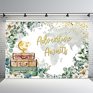 MEHOFOND 7x5ft Adventure Awaits Baby Shower Party Decorations Backdrop Eucalyptus White Floral Suitcases Travel Around The World Map Bridal Wedding Shower Photography Background Photo Banner