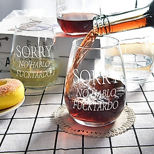 Sorry No Hablo Fuxktardo Wine Glass 15Oz, Funny Stemless Wine Glass Gifts for Women Men, Novelty Birthday Christmas Graduation Gag Gift for Friends BFF Sister Coworkers
