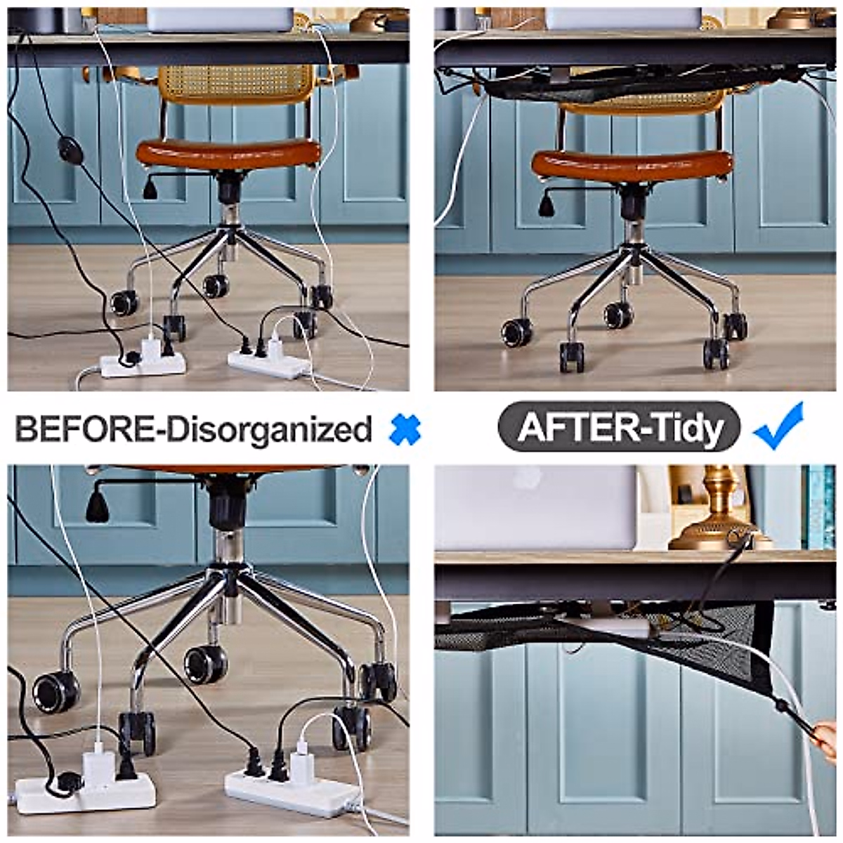 2 Sets Cable Management Net Under Desk Kit, 27 x 9'' Privacy Large Capacity Cord Organizer with 2 Desk Cord Organizer 6 Hooks 6 Screws and 20 Cable Ties for Office Standing Desk Home