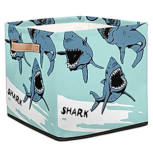 Shark Large Collapsible Storage Bins,Ocean Animal Decorative Canvas Fabric Storage Boxes Organizer with Handles,Cube Square Baskets Bin for Home Shelves Closet Nursery Gifts