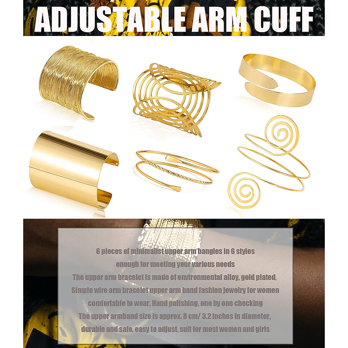 COLOYAN 6Pcs Gold Arm Cuff - Upper Arm Cuff Bangle Bracelet Set Adjustable Minimalist Simple Coil Bangle Wide Wire Grooved Cuff Open Arm Band Cuff Armlet Armlet Armband Bracelets for Women