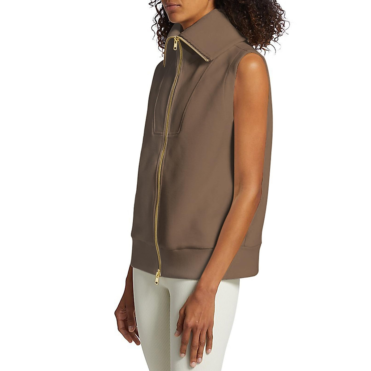 Viottiset Women's Ribbed Full Zip Lapel Collar Sleeveless Sweatshirt Sweater Vest Fall Casual Top Brown M