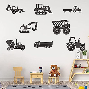 ANFRJJI Construction Vehicle Wall Decal - Excavator Bulldozer Mixer Truck PVC Removable Wall Sticker with 8 City Construction Vehicles - Construction Truck Tractor Peel and Stick for Kids Room Art Murals DecorationsJWH130 (black)