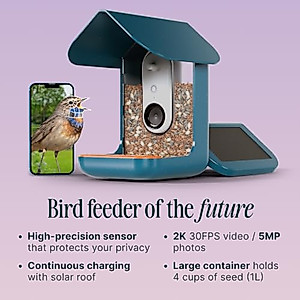 Bird Buddy Solar Smart Bird Feeder with Camera - Ai Bird Species Identification, 5Mp Photos, 2K Hd Video Live Stream Camera, Solar-Powered Charging, 2.8In Focus - Blue