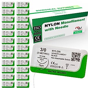 3-0 Sterile Sutures Thread with Needle (Black Monofilament) - Medical and Nursing Student's Surgical Practice Suture Kit, Training with Stitching Pad, First Aid Field Emergency Demo, Vet Use