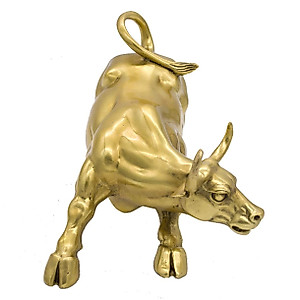ZHONGJIUYUAN Brass Charging Stock Market Bull Figurine Wall Street Sculptures Bull Ox Statue Feng Shui Scuplture Home Office Decor (Middle Size)
