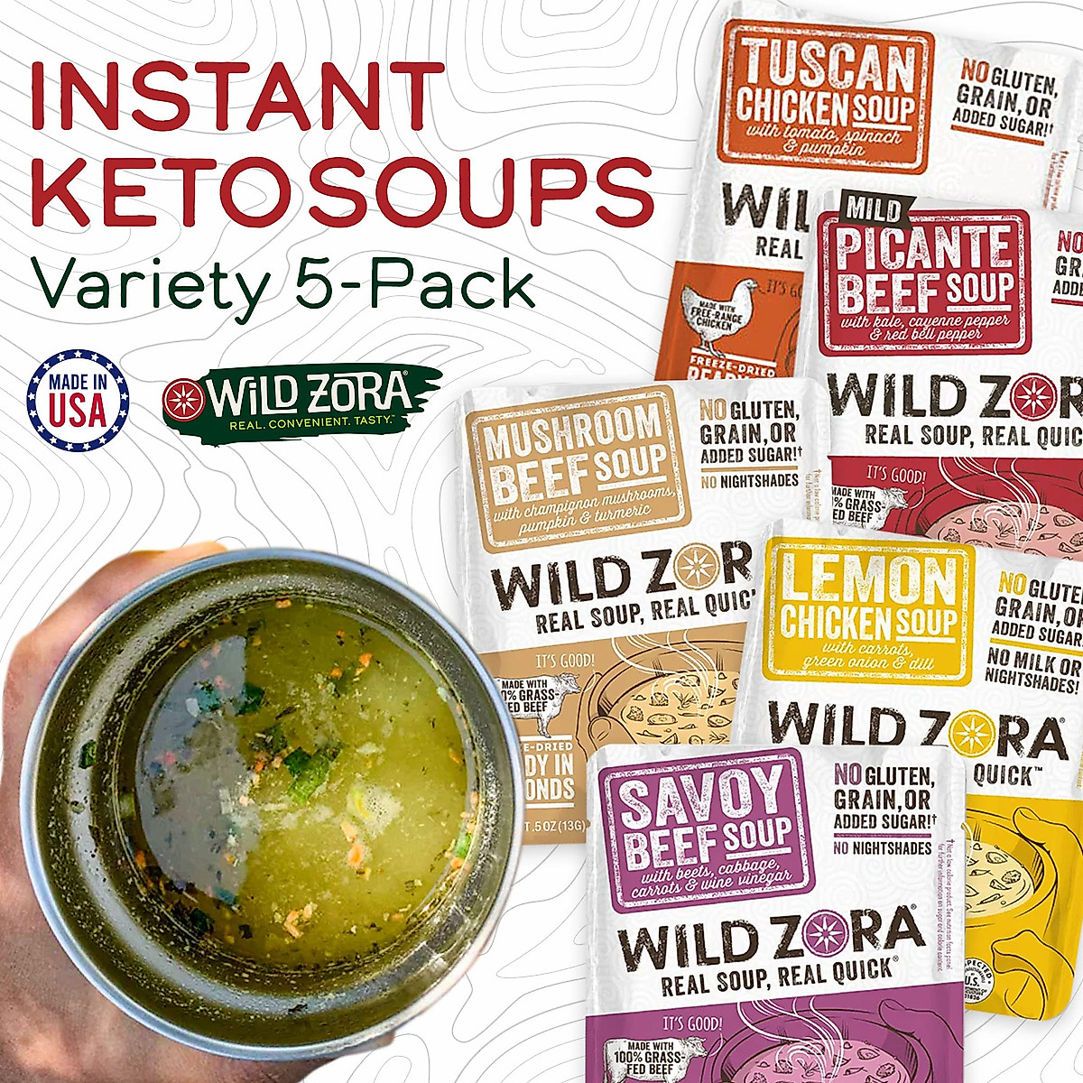 Wild Zora Instant Keto-Friendly Soups 5-Pack Variety, Broth Made with Grass-Fed Beef, Free-Range Chicken, and Vegetables, Gluten-Free, Low Carb, No Added Sugar, Flavorful Pantry Staples - 0.5oz/13g