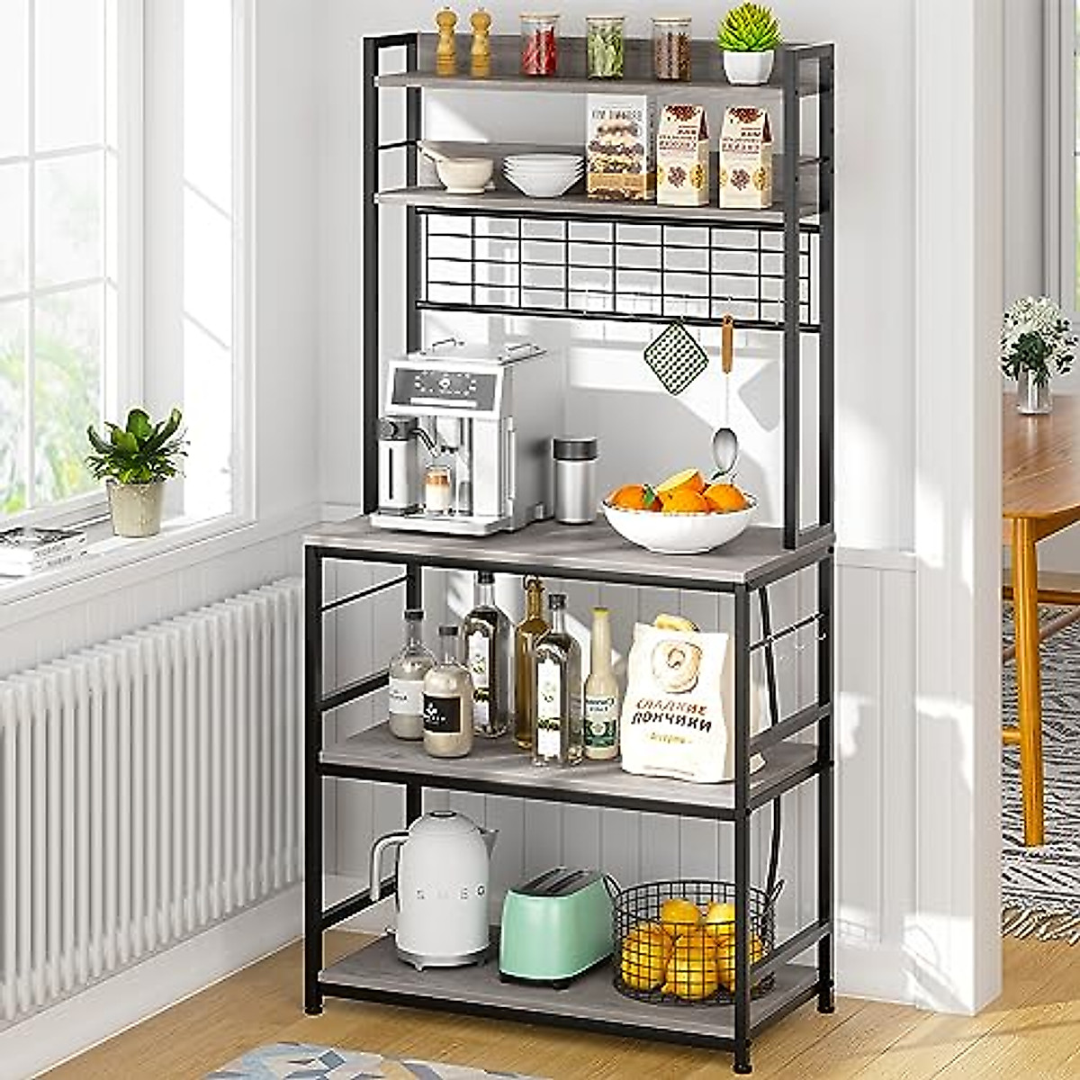 JAMFLY Kitchen Bakers Rack with Power Outlet, Coffee Bar Cabinet, Kitchen Racks with Storage Cabinet, 5-Tier Microwave Stand with 10 Hooks and Metal Wire Panel (31.5'', Gray)