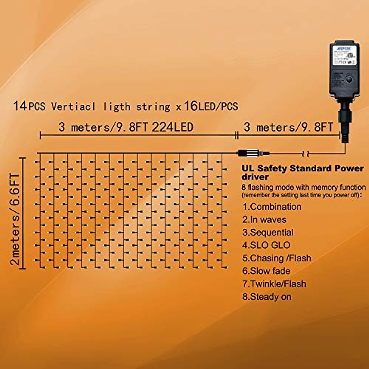 IMAGE Curtain Lights 9.8x6.6 Feet 224 LED String Lights Fairy String Lights for Wedding Party Home Garden Indoor Outdoor Wall Backdrops Decorations Waterproof UL Safety Standard White