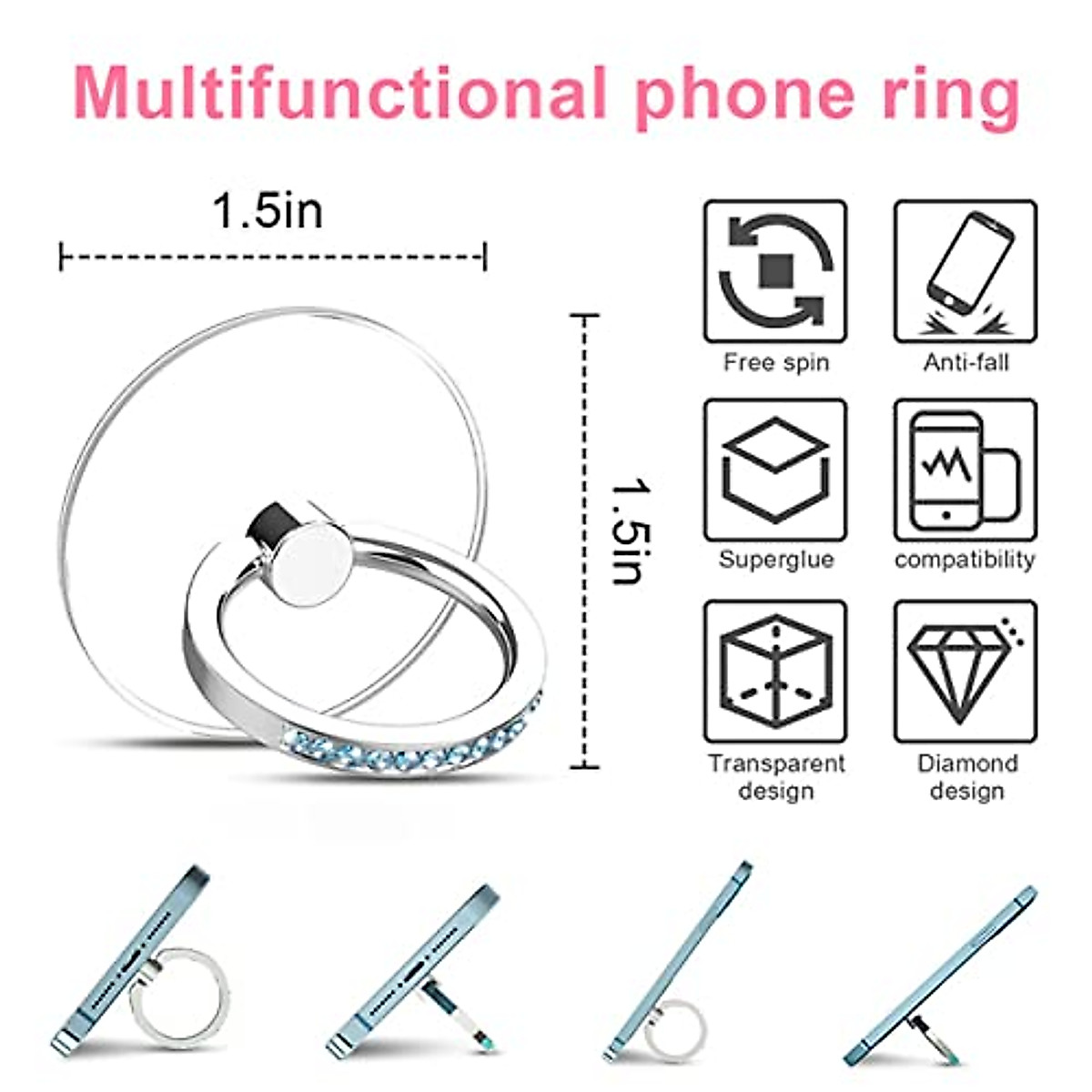 4 Pcs KutumyQC Cell Phone Ring Holder Stand Diamond Transparent Finger Grip Clear 360° Degree Rotation Kickstand Compatible iPhones and All Phones (Silver Pink Blue Aquamarine)