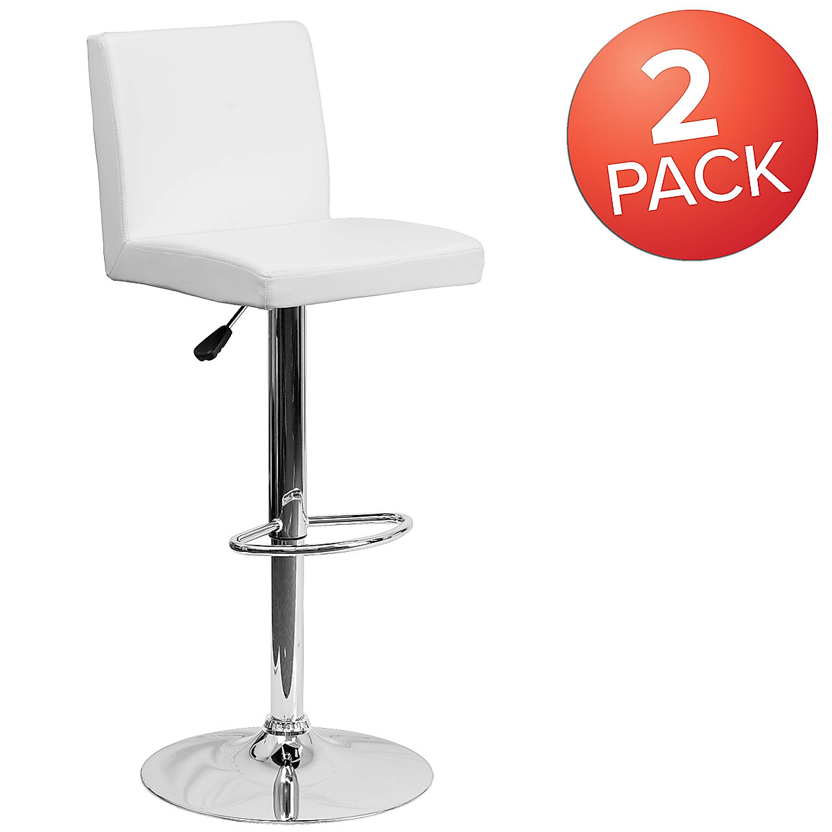 Flash Furniture Avery 2 Pack Contemporary White Vinyl Adjustable Height Barstool with Panel Back and Chrome Base