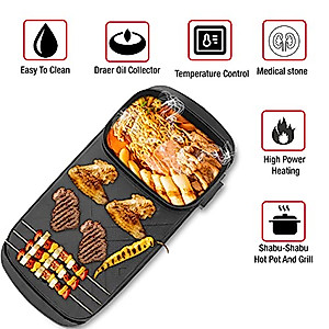 Electric Grill Indoor Outdoor Hot Pot with Grill Korean Bbq Grill with Divider 2200W,110V Large Capacity Multifunctional Non-Stick Separate Dual Temperature Control | for 2 - 10 People, Black
