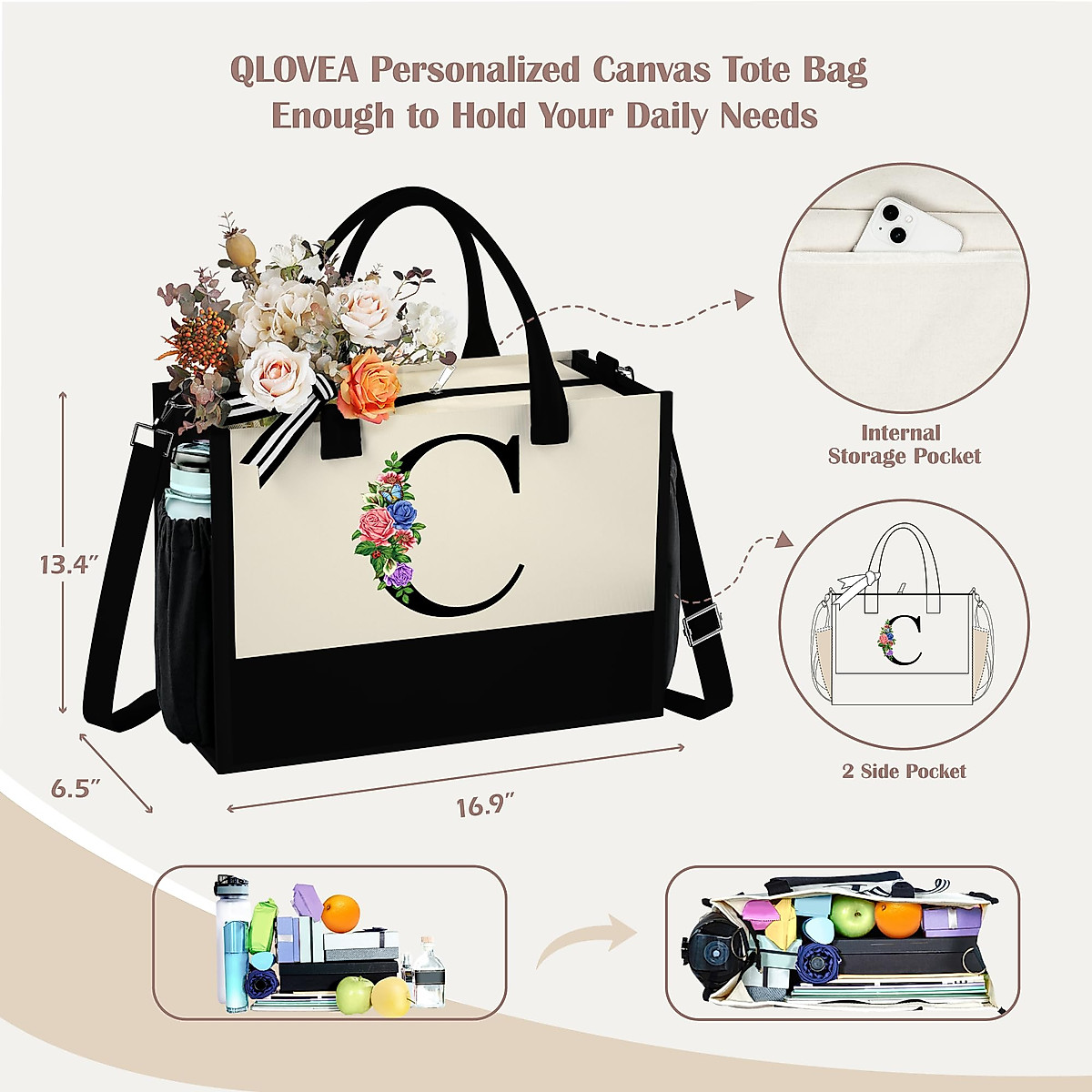 QLOVEA Tote Bag for Women, Initial Beach Bag w Shoulder Strap, 2 Side Pocket and Inner Pocket, Unique Present Bag, Birthday Gift for Mom, Grandma, Aunt, Wife, Coworker, Sister-in-Law Letter J