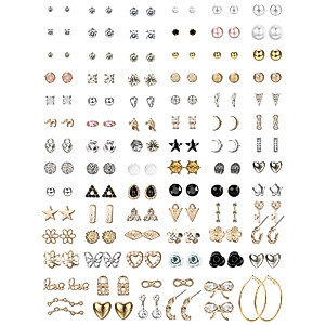 Thunaraz 81Pairs Small Stud Earrings Set for Women Men Triangle Circle Bar Star Moon Geometric Leaf Arrow Flower Bow CZ Ball Faux Pearl Hoop Dangle Earrings Set